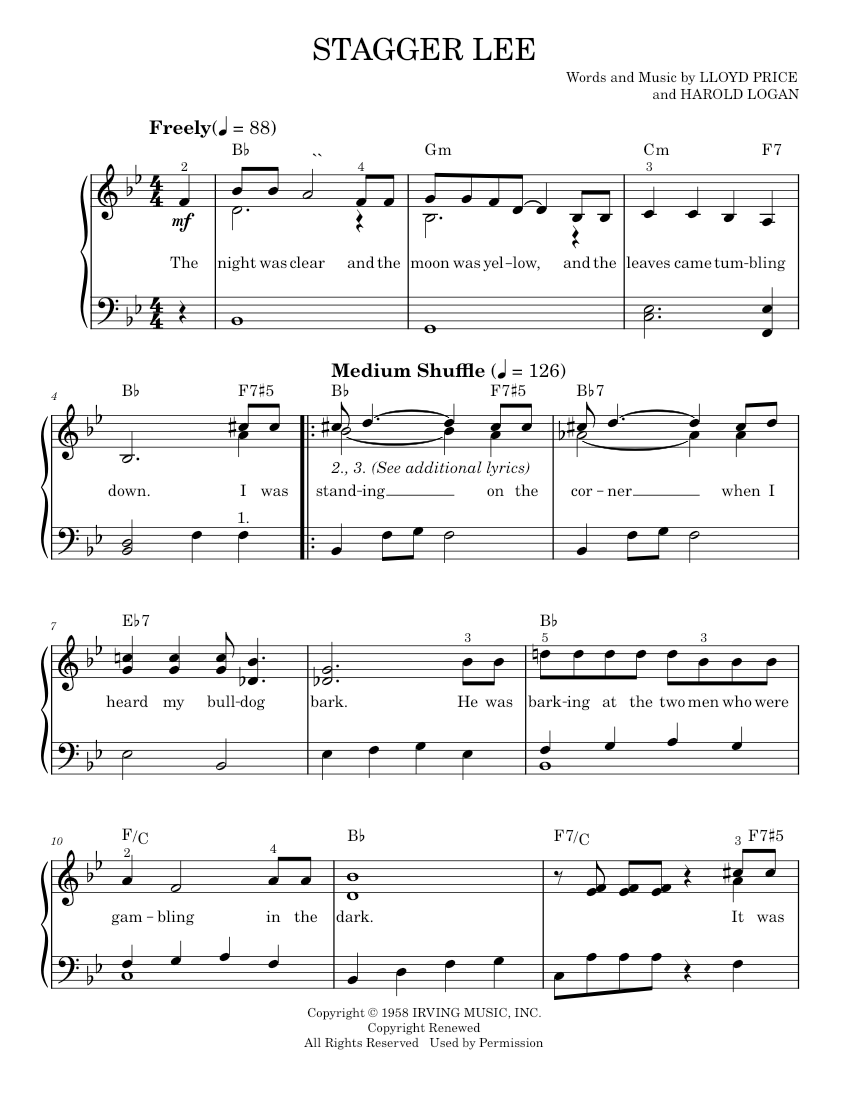 Play Official version of Stagger lee sheet music by Lloyd Price for ...