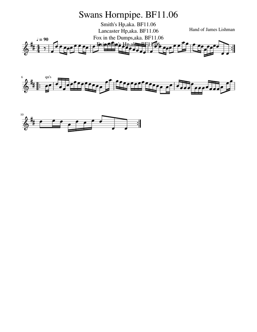 Hand of James Lishman - Swans Hornpipe. BF11.06 Sheet music for Piano ...