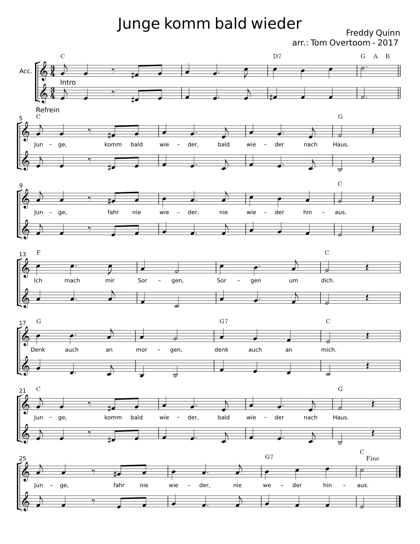 Junge komm bald wieder - Freddy Quinn Sheet music for Accordion (Mixed ...