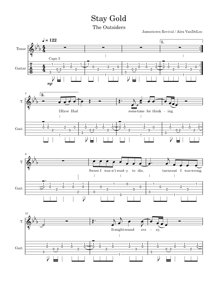 Stay Gold – The Outsiders Sheet Music and Tab for Guitar, Synthesizer ...