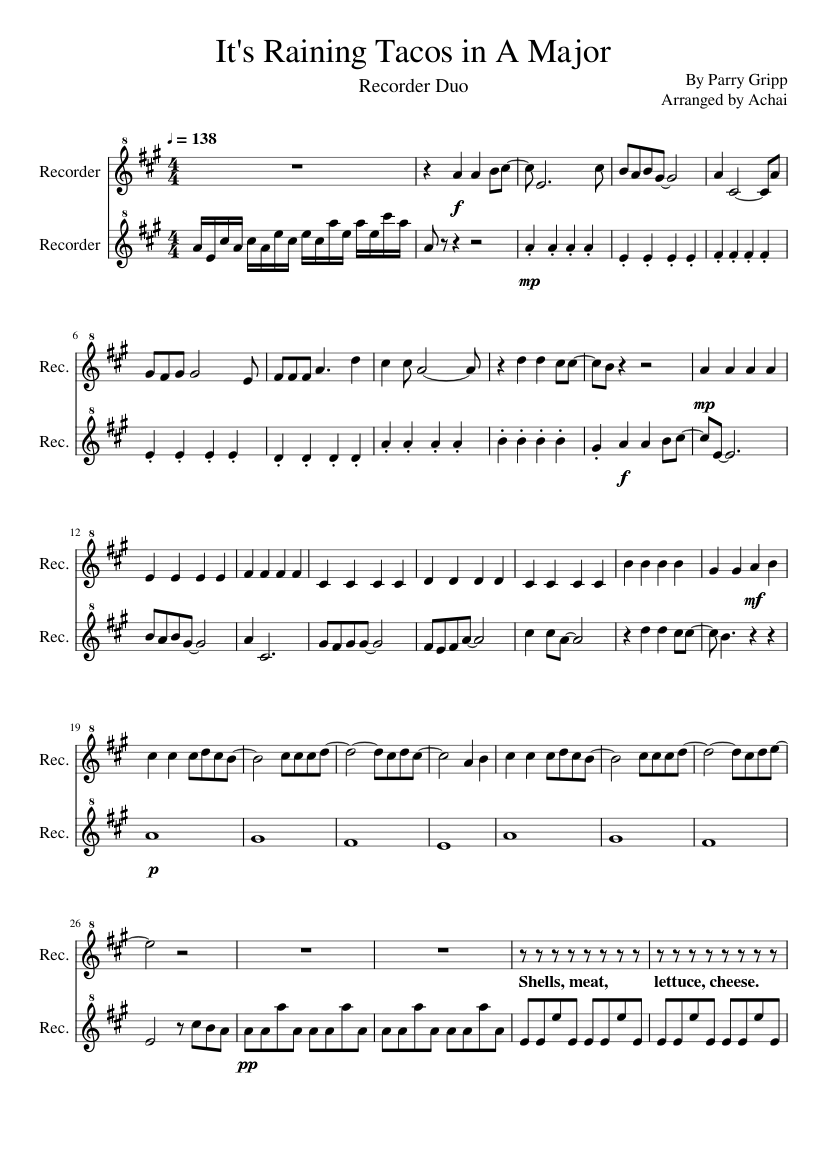It's Raining Tacos Recorder Duet version Sheet Music for Recorder (Woodwind Duet) | MuseScore.com