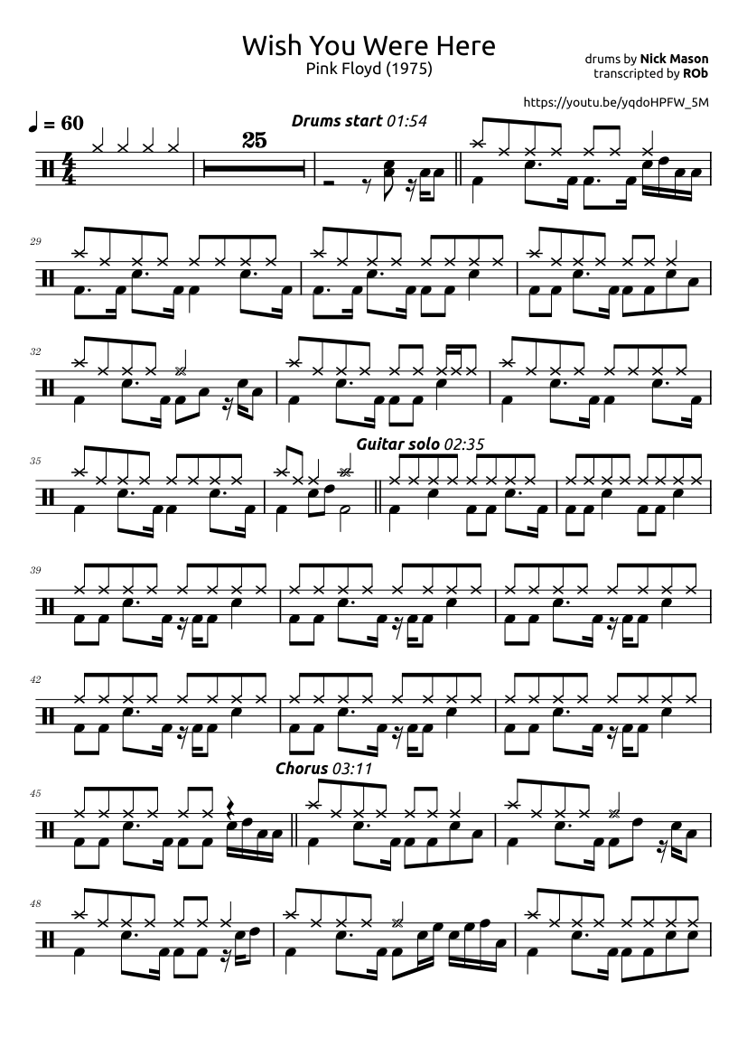 Wish You Were Here – Pink Floyd Sheet music for Drum group (Solo ...