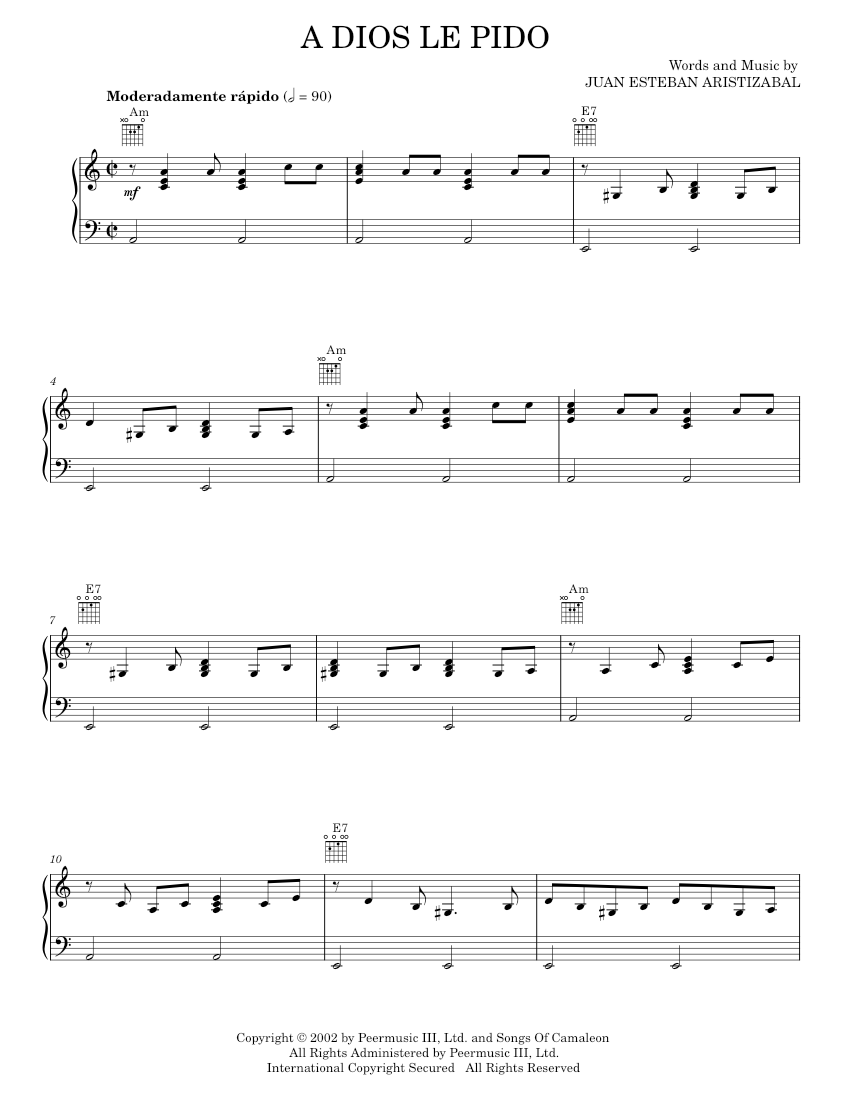 a dios le pido Sheet music for Piano, Vocals by Juanes Official ...