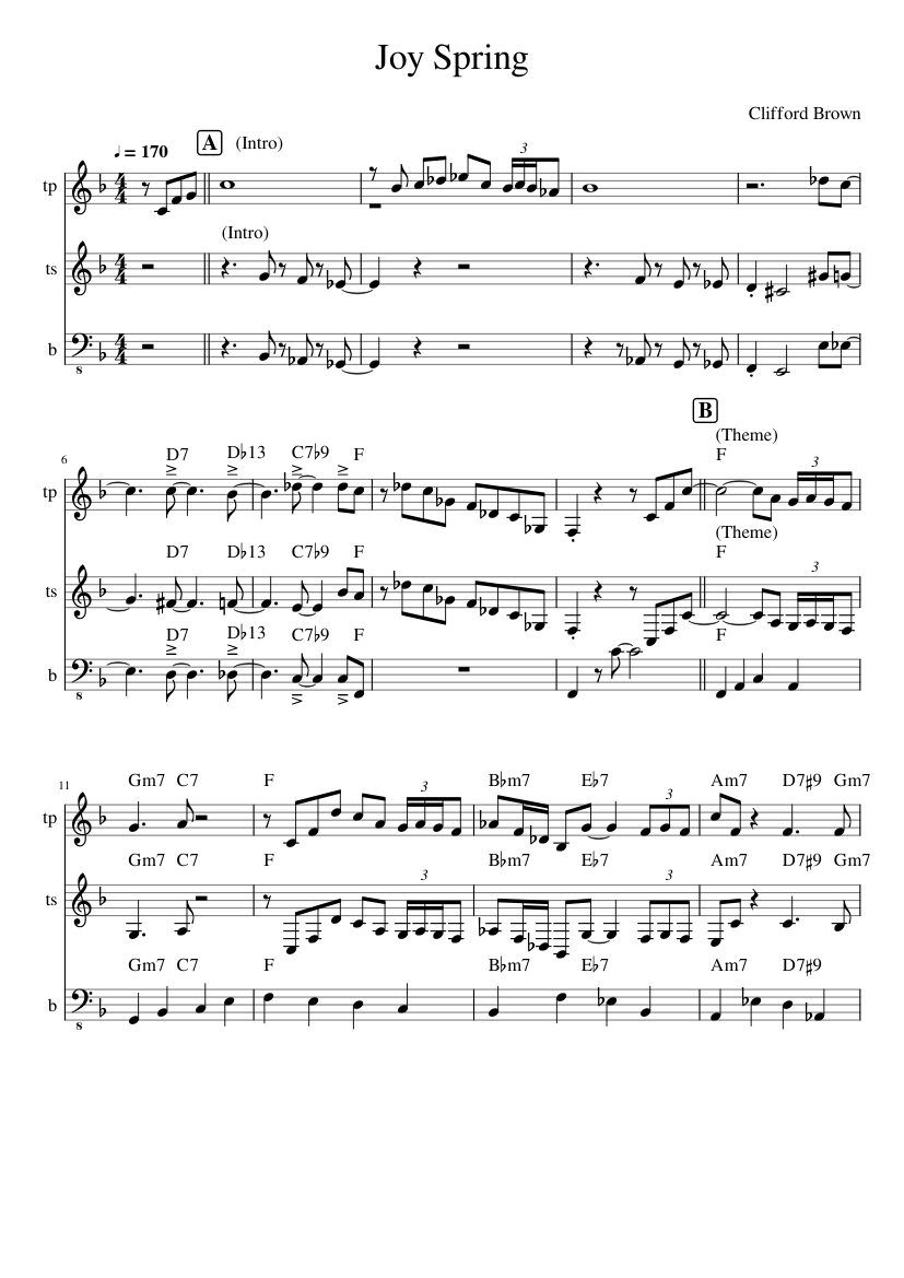 Joy Spring Sheet Music for Saxophone tenor, Trumpet in b-flat, Bass guitar (Jazz Band ...