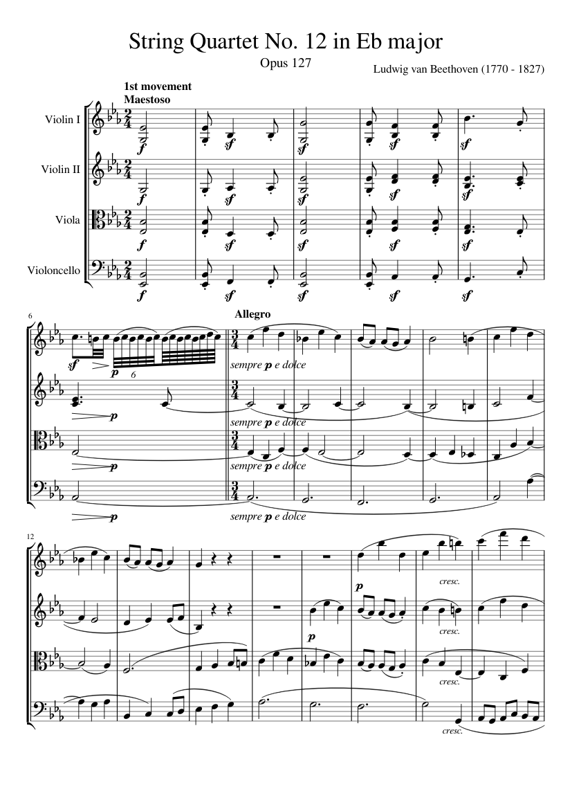 String Quartet No. 12 in Eb major, Opus 127 Sheet Music for Violin, Viola, Cello (String Quartet ...