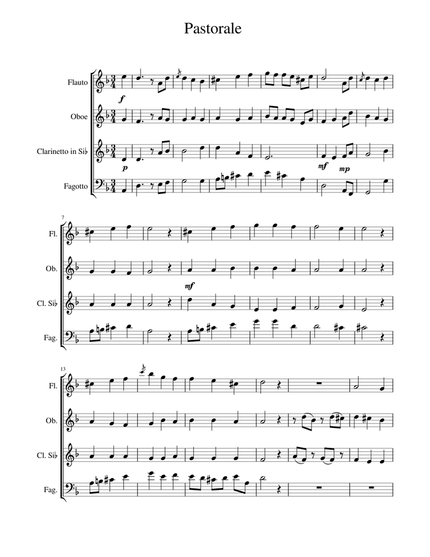 Pastorale Sheet music for Flute, Oboe, Clarinet in b-flat, Bassoon ...