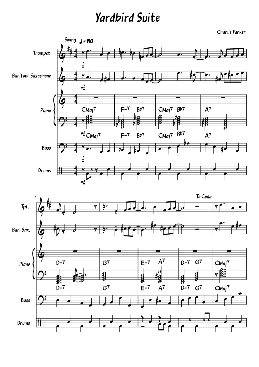Yardbird Suite Sheet music for Piano, Saxophone baritone, Trumpet in b-flat, Bass guitar & more ...