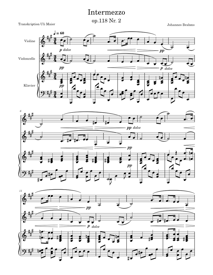 Intermezzo in A Major, Op 118, No. 2 – Johannes Brahms Sheet music for ...