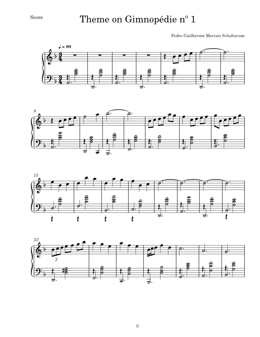 Theme on Gymnopédie nº 1 - Original Composition Sheet music for Piano ...