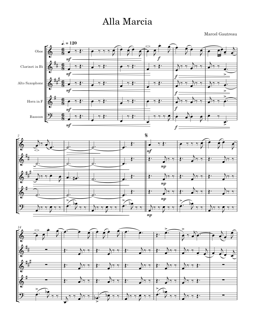 Alla Marcia Sheet Music for Oboe, Bassoon, Saxophone alto, French horn ...