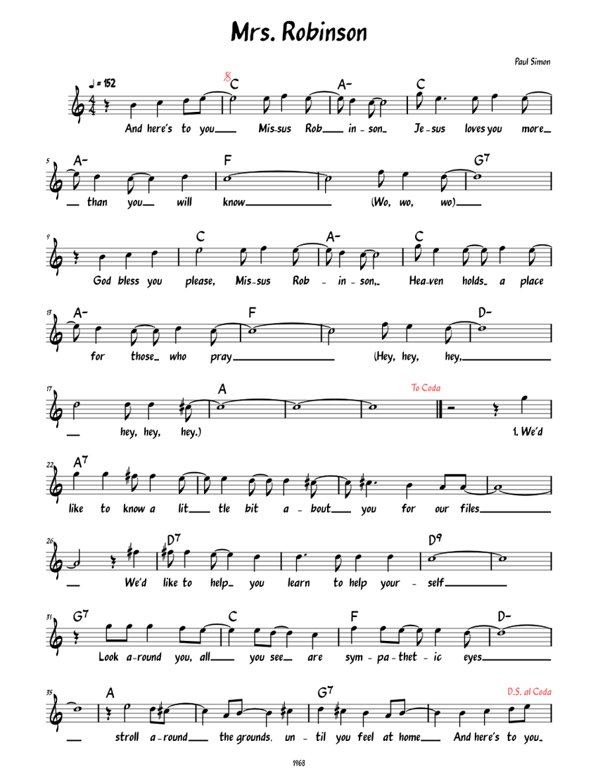 Mrs Robinson (Lead sheet with lyrics ) Sheet music for Piano (Solo ...