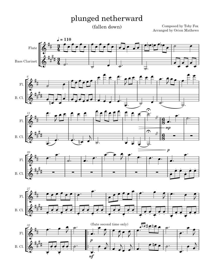 Fallen Down – Toby Fox plunged netherward Sheet music for Flute ...