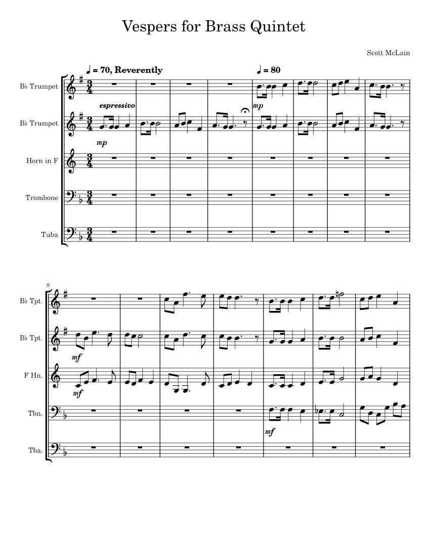 Scout Vespers for Brass Quintet Sheet music for Trombone, Tuba, Trumpet ...