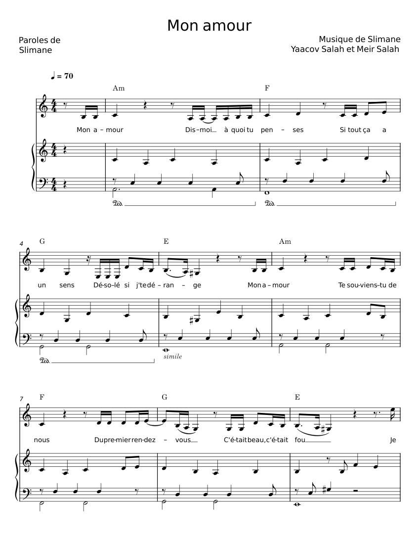 Mon Amour - Slimane Sheet Music for Piano, Synthesizer (Mixed Duet ...