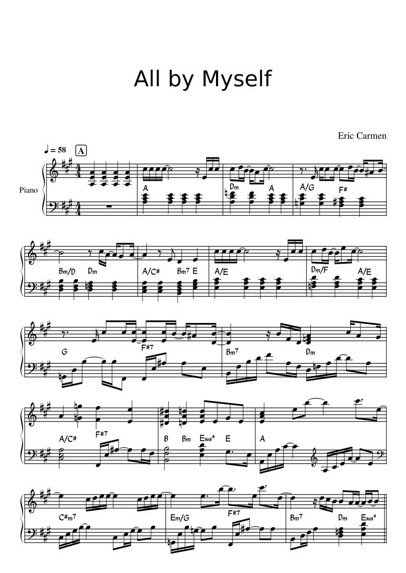 ALL BY MYSELF – Eric Carmen Sheet Music with Chords for Piano (Solo ...