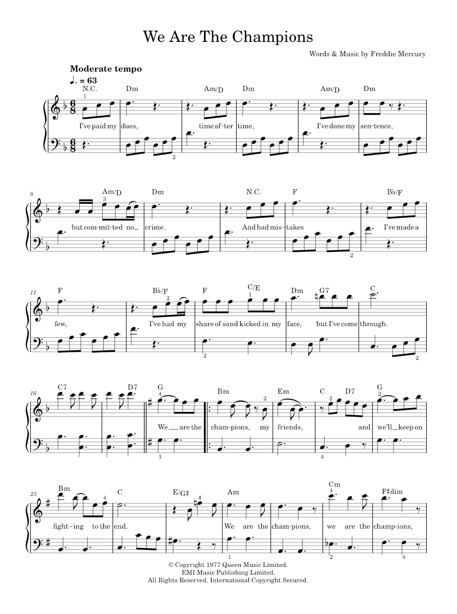 Play Official version of We are the champions sheet music by Queen for ...