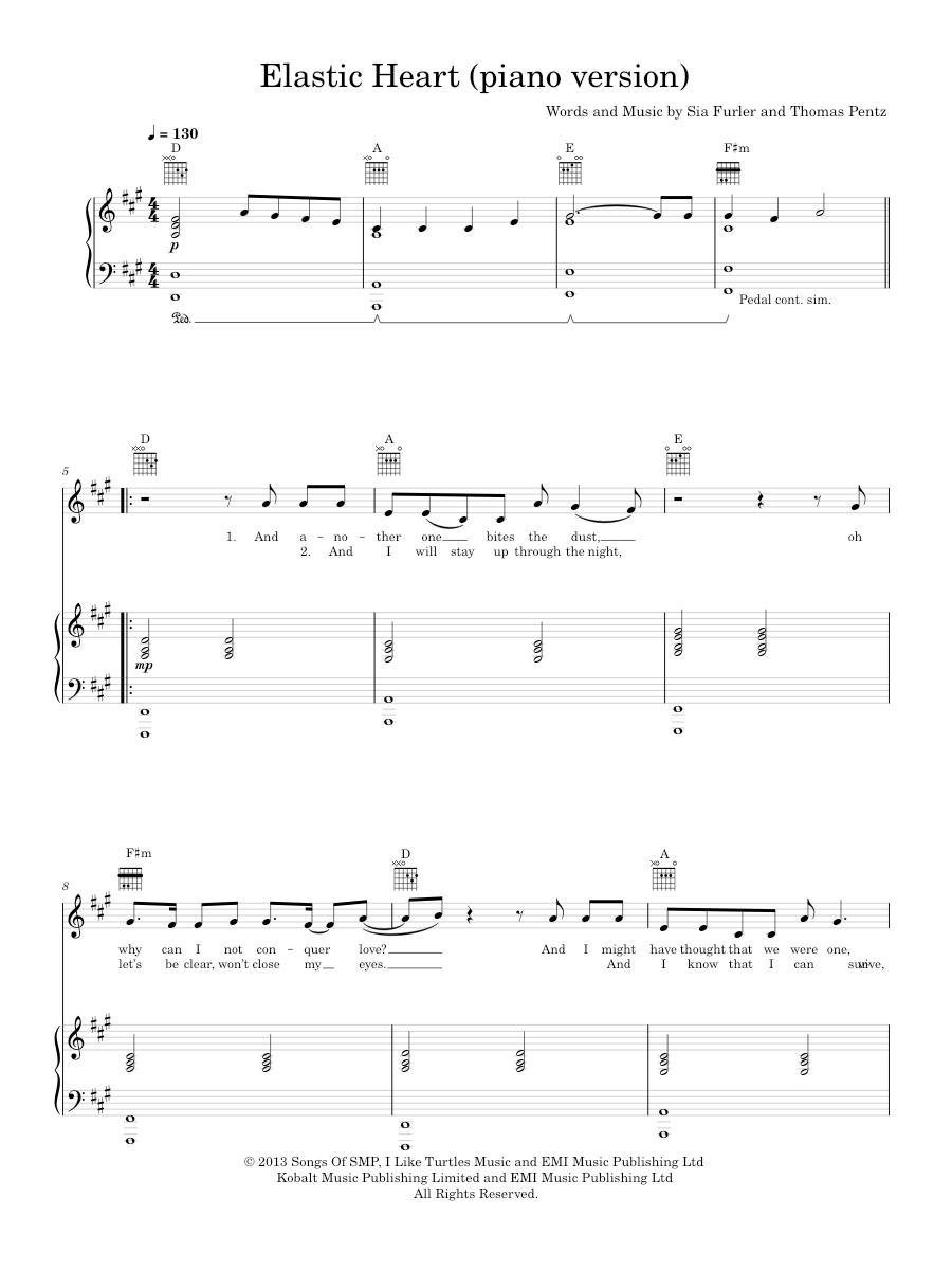 Play Official version of Elastic heart Sheet Music by Sia for Piano ...