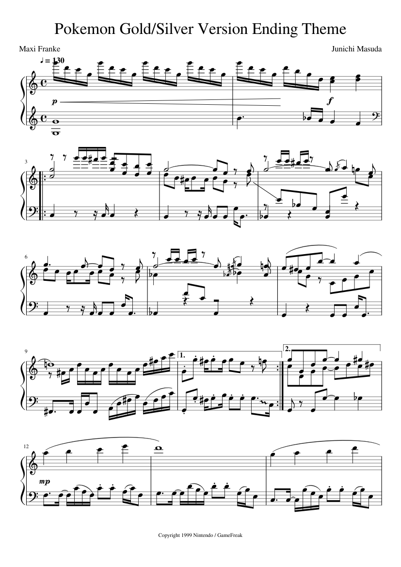 Pokémon Gold & Silver Ending Theme Sheet Music for Piano (Solo ...
