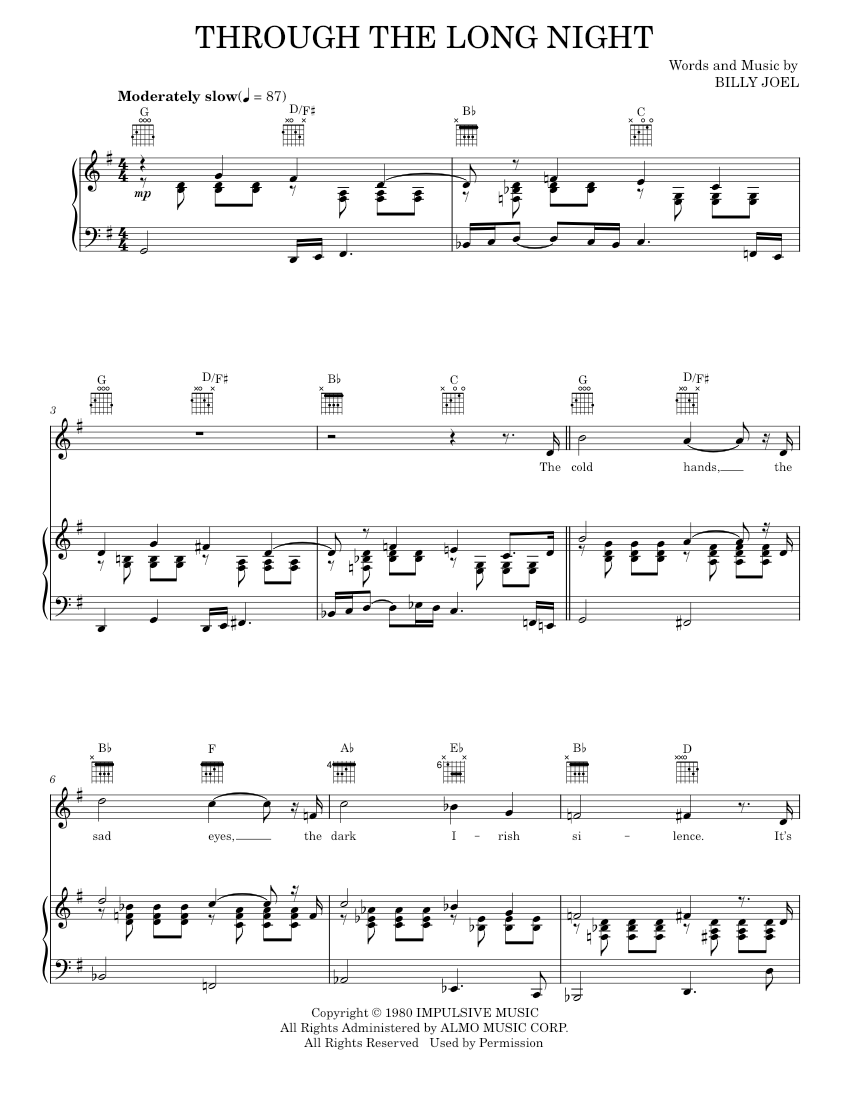 Play Official version of Through the long night Sheet Music by Billy Joel for Piano, Vocals ...