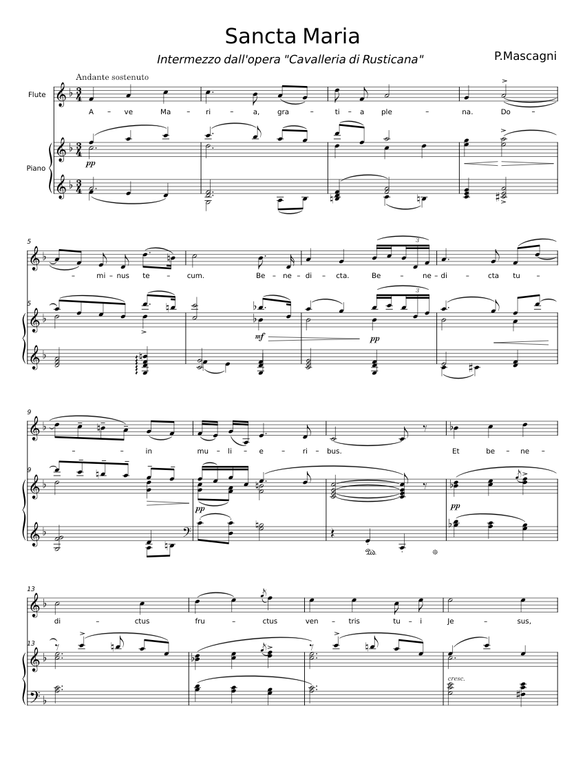 Sancta Maria - P. Mascagni Sheet Music for Piano, Flute (Solo ...