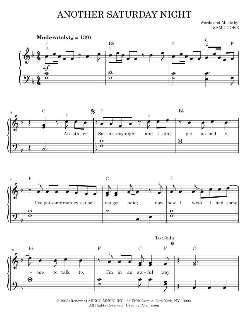Another Saturday Night Sheet music for Piano by Cat Stevens, Sam Cooke ...