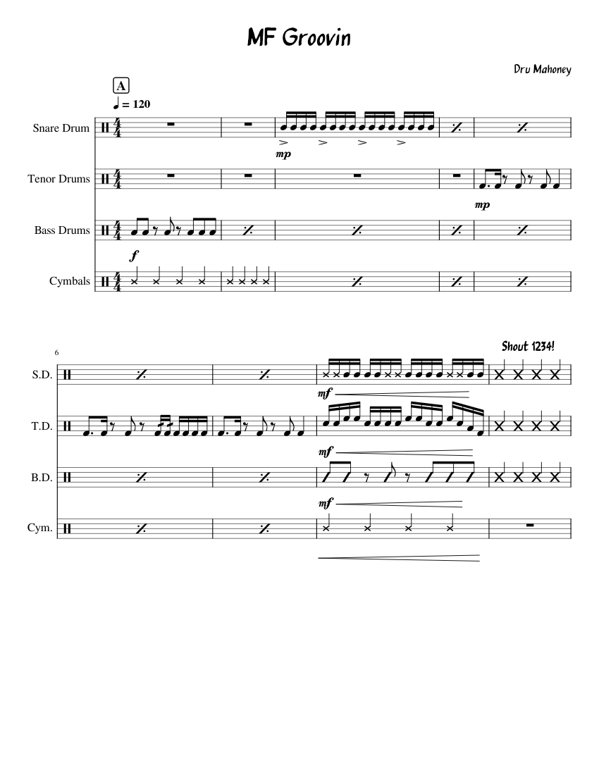 MF_Groovin Sheet music for Snare Drum, Bass Drum, Crash, Tenor Drum ...