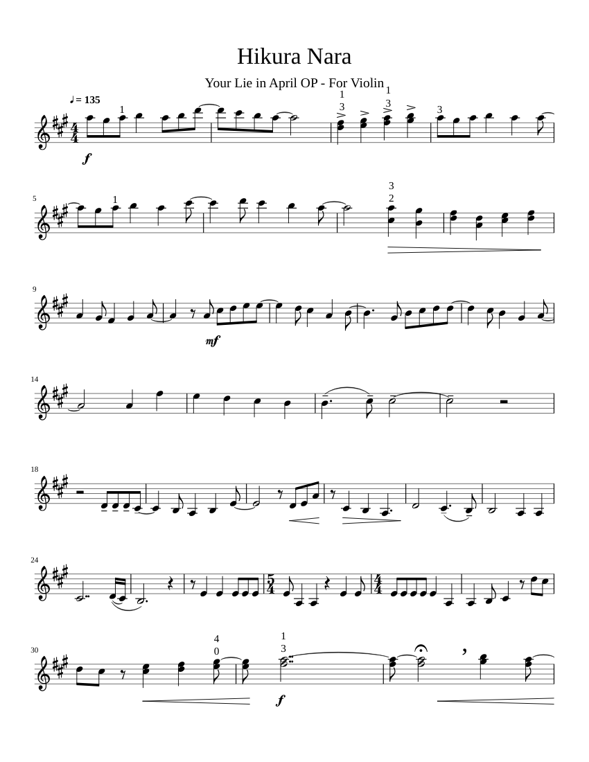 Hikaru Nara - Your Lie in April OP - Violin Sheet Music for Violin ...