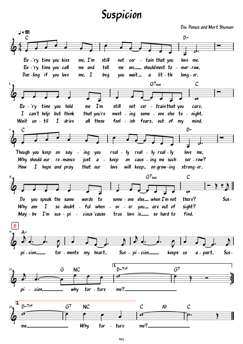 Suspicion (Lead sheet with lyrics ) Sheet Music for Piano (Solo) Easy ...