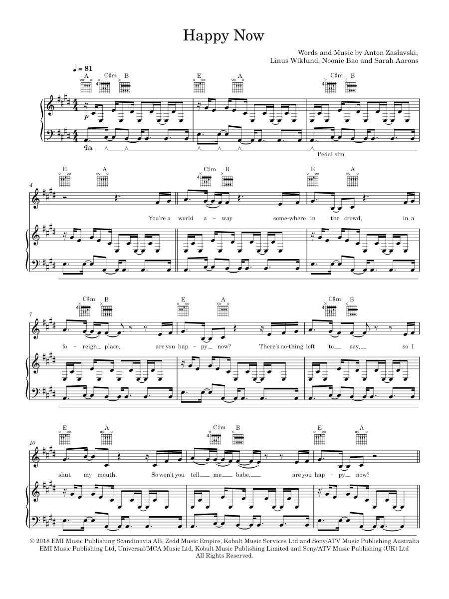 Happy Now Sheet music for Piano, Vocals by Zedd & Elley Duhe: Music ...