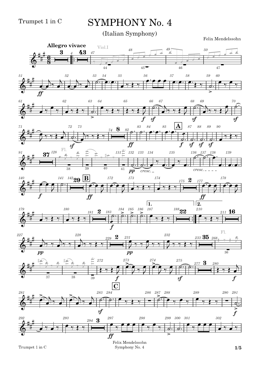Symphony No.4, Op.90 – Trumpet 1 in C - Felix Mendelssohn Sheet music for Trumpet other ...
