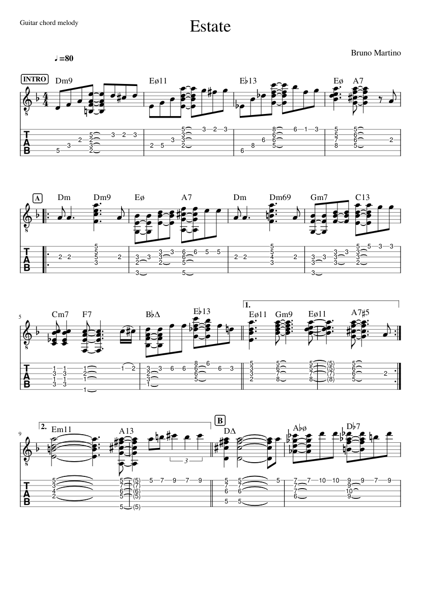 Estate (guitar chord melody) Sheet Music and Tab for Guitar (Solo ...