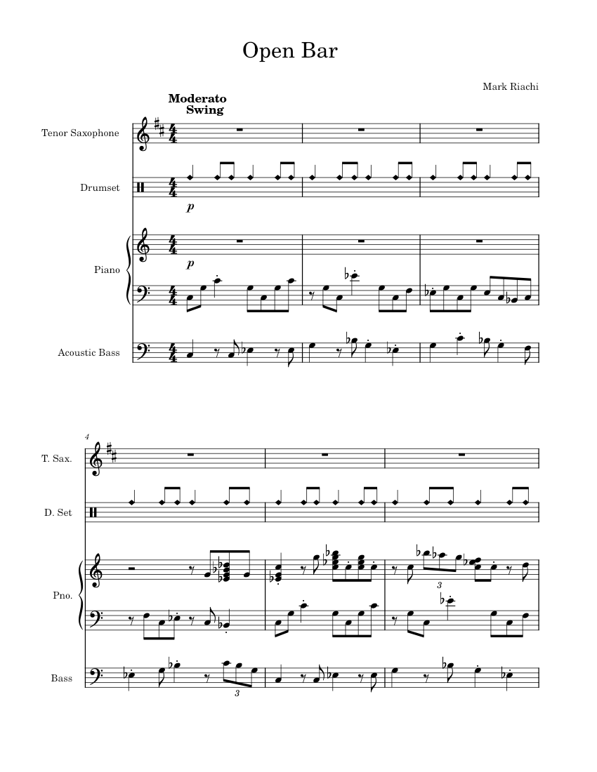 Open Bar Sheet music for Piano, Saxophone tenor, Bass guitar, Drum ...