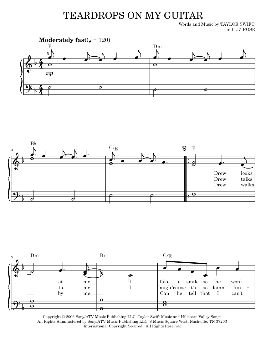 Play Official version of Teardrops on my guitar sheet music by Taylor ...