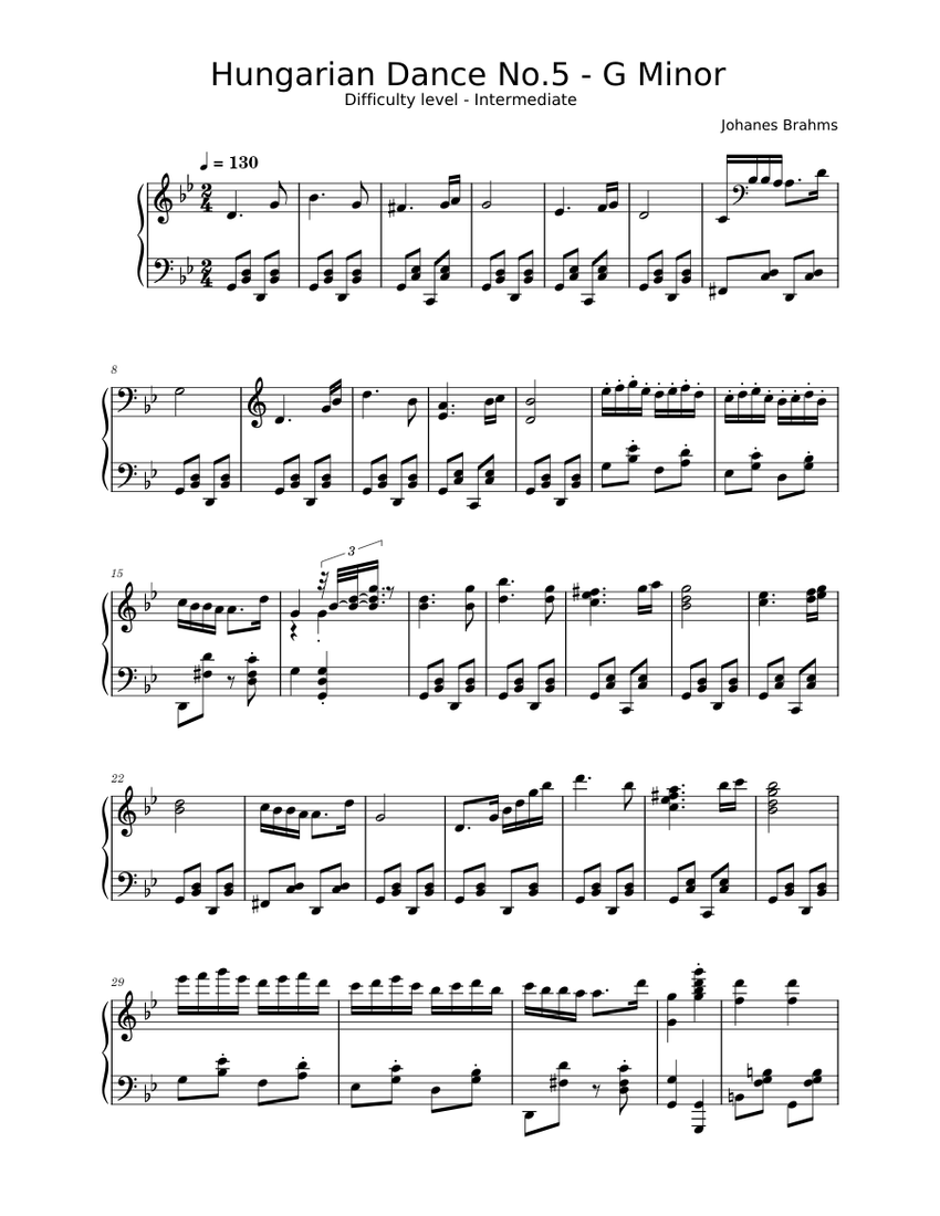 Hungarian Dance No.5 - G Minor (Free Download) Sheet music for Piano ...