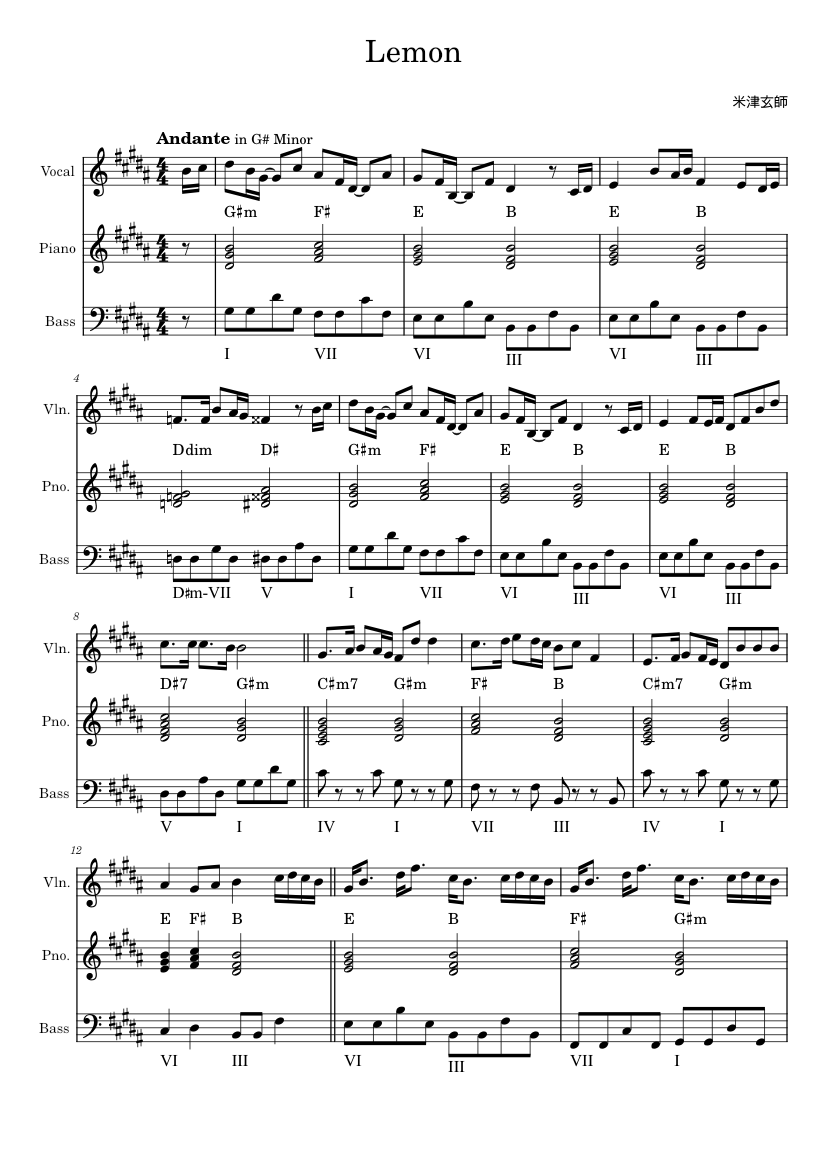 Lemon – Kenshi Yonezu (米津 玄師) Sheet music for Piano, Violin, Bass ...