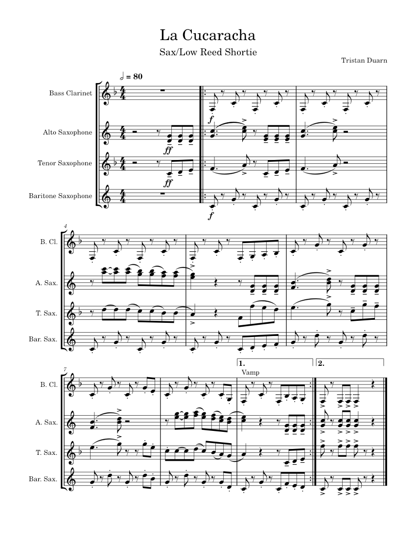 La Cucaracha Sheet music for Saxophone alto, Saxophone tenor, Saxophone ...