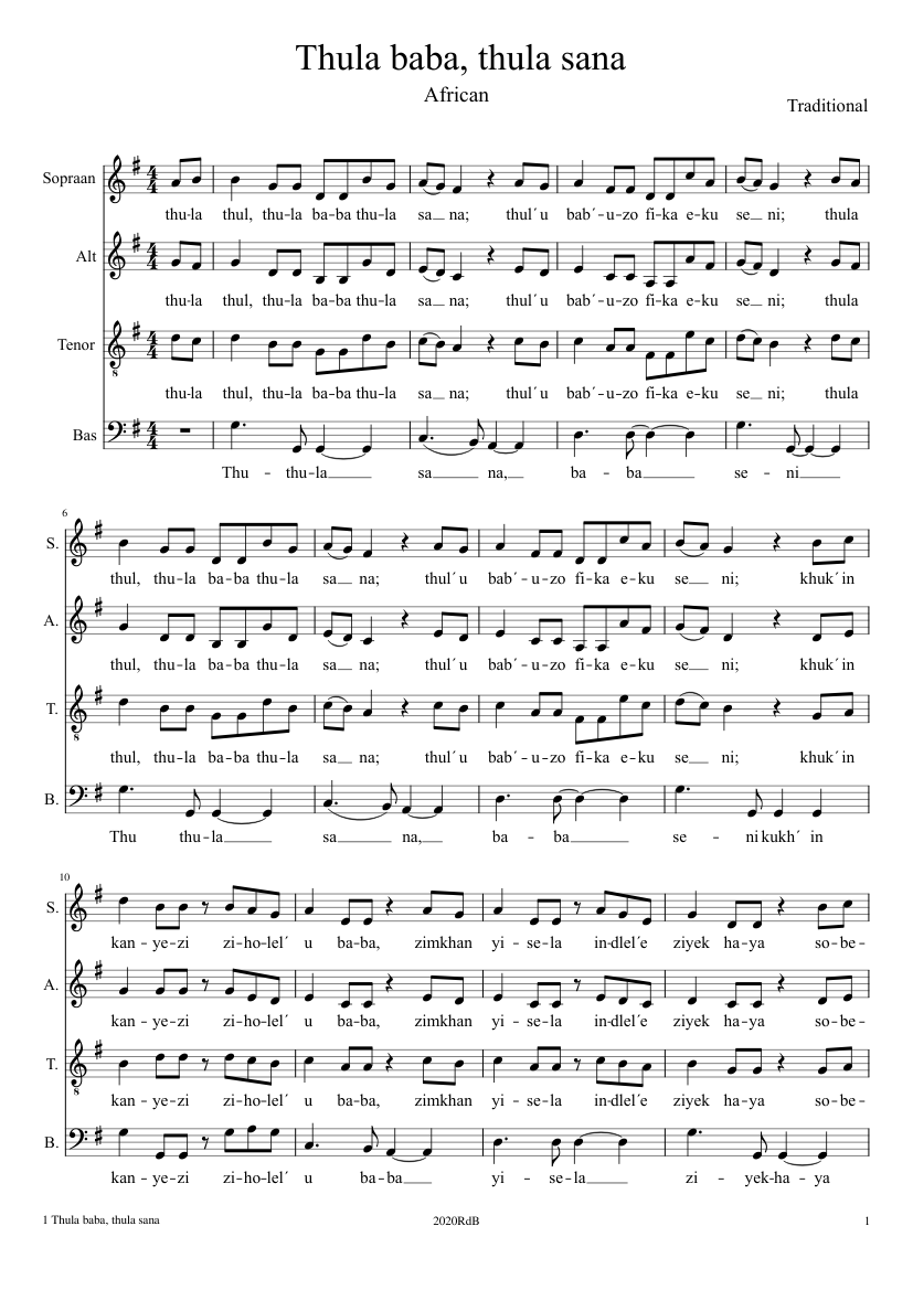 Thula baba, thula sana Sheet Music for Tenor, Drum group (SATB) | MuseScore.com