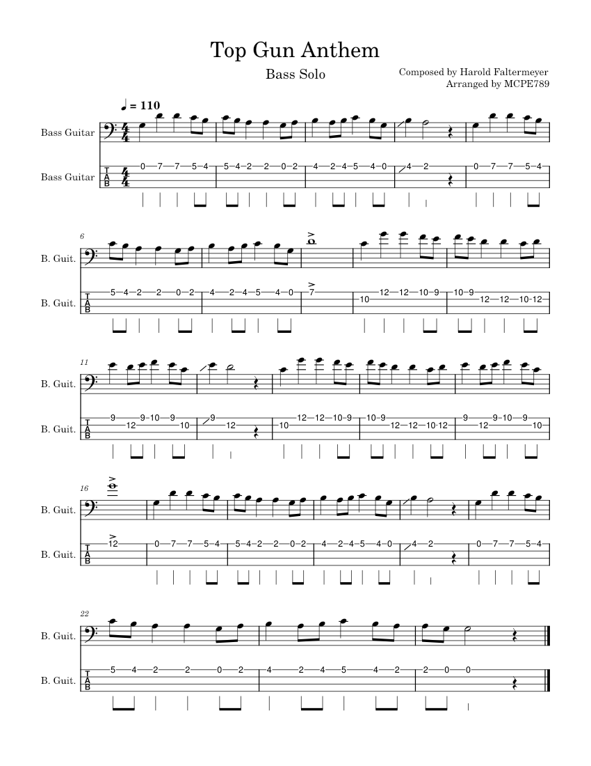 Top Gun Anthem – Harold Faltermeyer Top Gun Anthem - Bass Solo Sheet ...