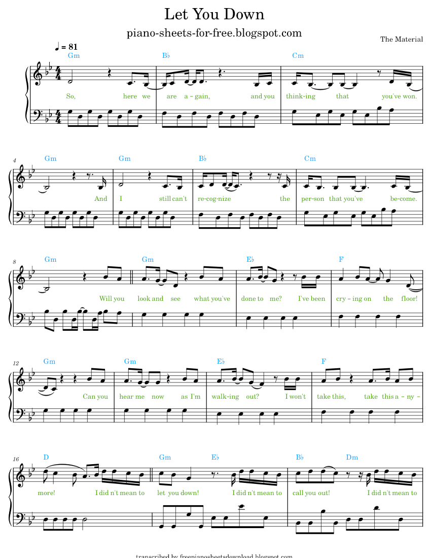 The Material — Let You Down Sheet music for Piano (Piano-Voice-Guitar ...