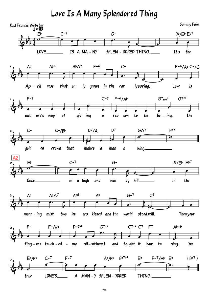 Love Is A Many Splendored Thing (Lead sheet with lyrics ) Sheet music ...
