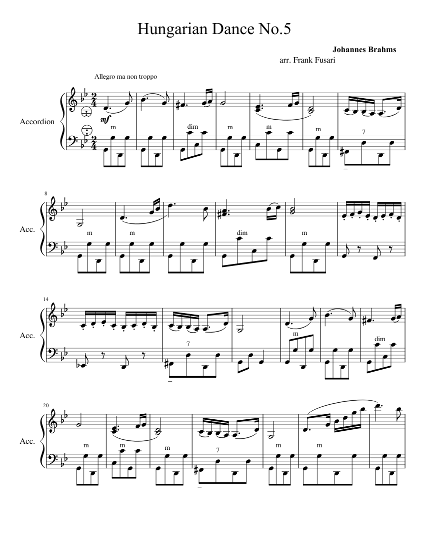 Hungarian Dance Number 5 Accordion solo Sheet music for Accordion (Solo ...