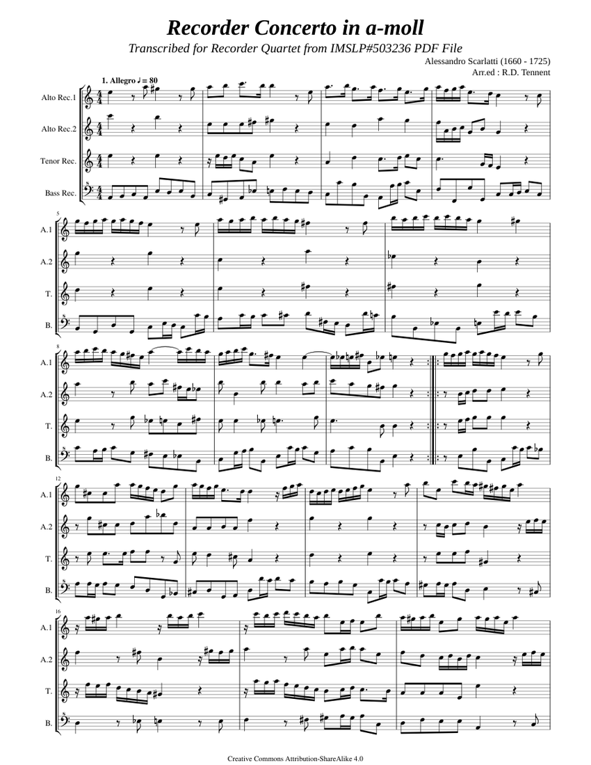Scarlatti, A. _Recorder Concerto in A minor Sheet music for Recorder ...