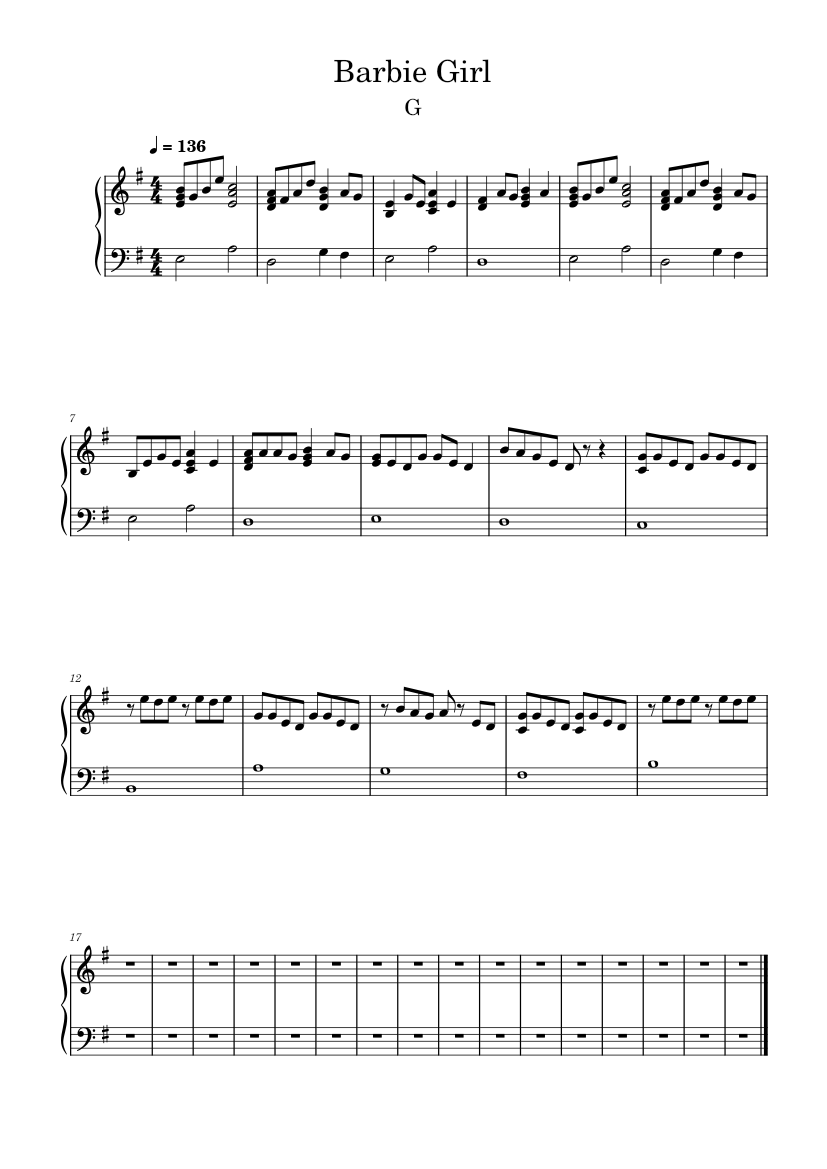 I'm a Barbie Girl – Aqua Timez I'm a Barbie Girl – Sol majeur Sheet music for Piano (Solo) Easy ...