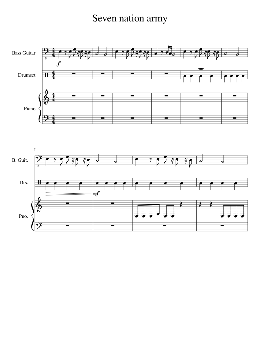 Seven Nation Army Sheet music for Piano, Bass guitar, Drum group (Mixed ...