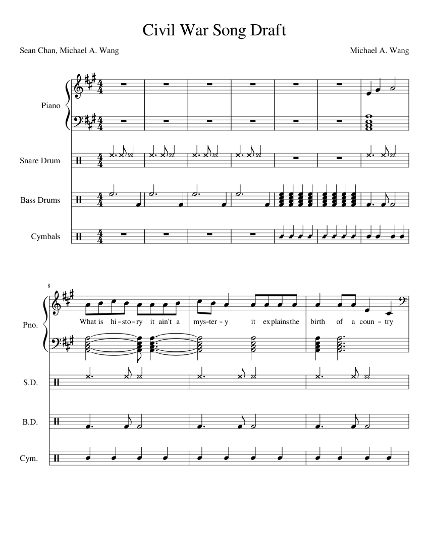 Civil War Song Draft Sheet music for Piano, Snare Drum, Bass Drum ...