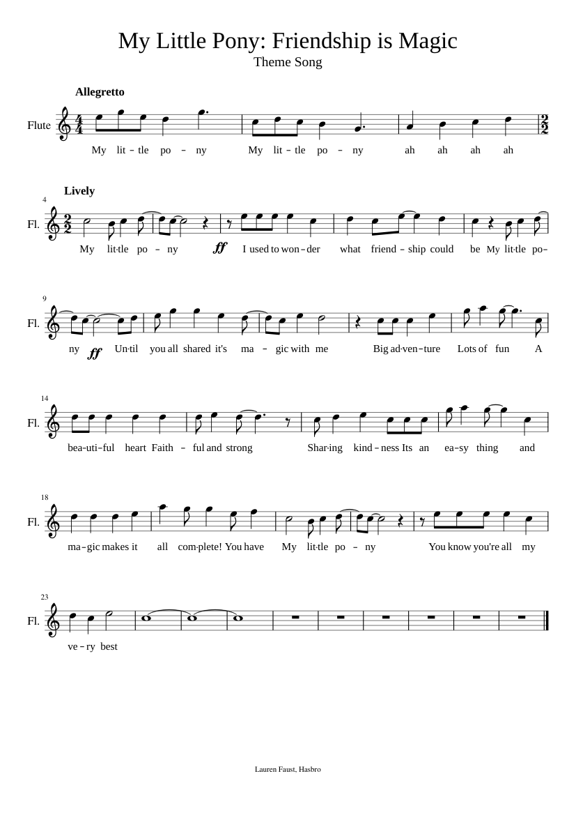 My Little Pony Friendship is Magic Theme Song Flute Sheet Music for ...