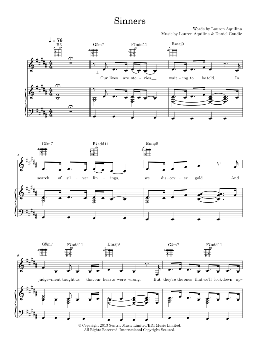 Play Official version of Sinners Sheet Music by Lauren Aquilina for ...