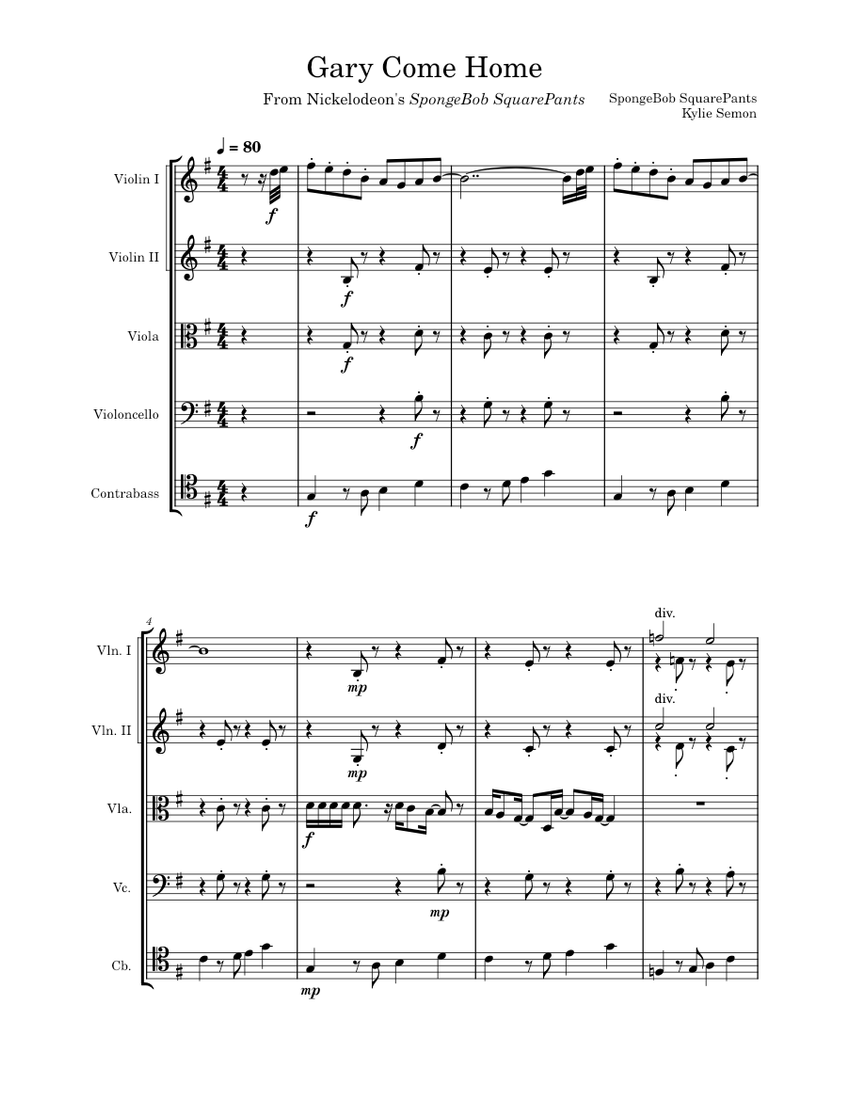 Gary Come Home - SpongeBob SquarePants Sheet music for Contrabass ...