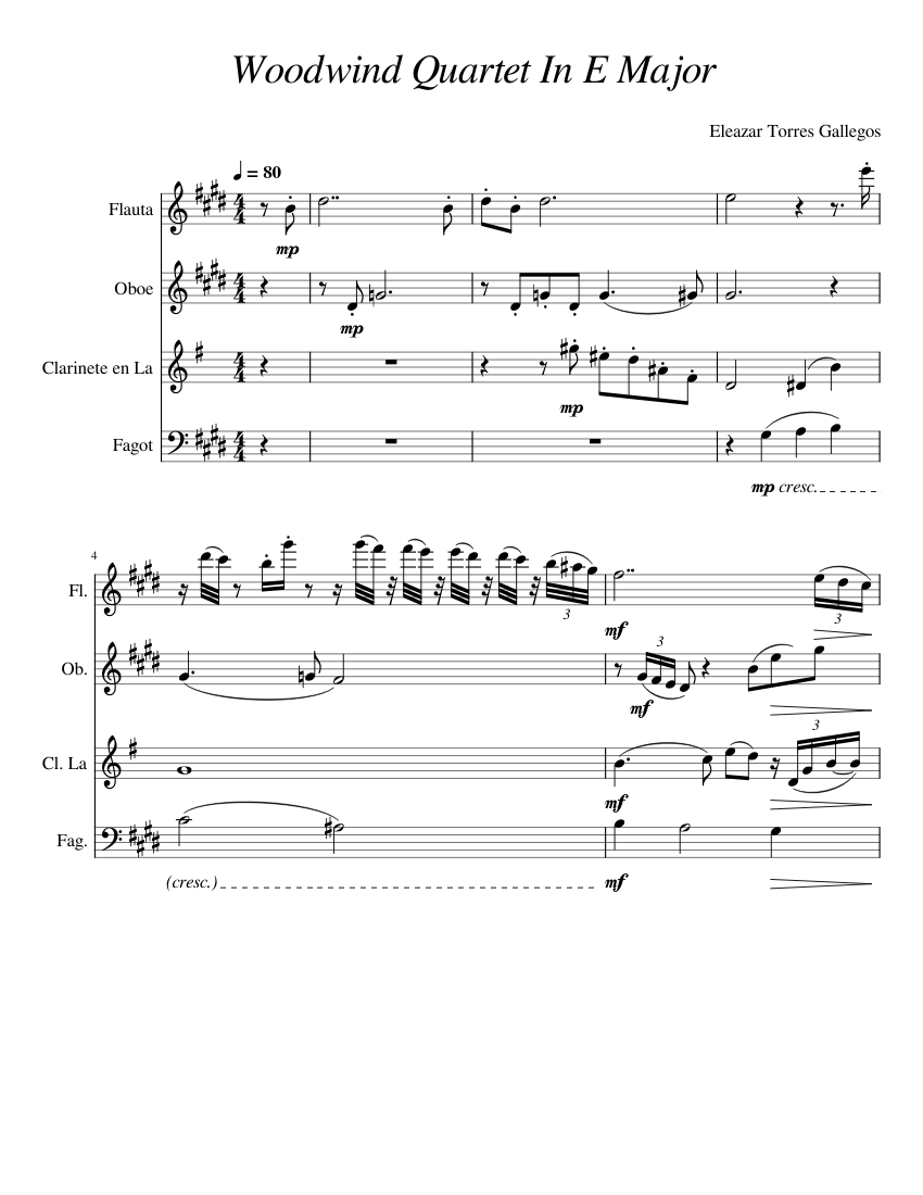 Woodwind_Quartet In E Major_"Thoughts" Sheet music for Flute, Oboe ...