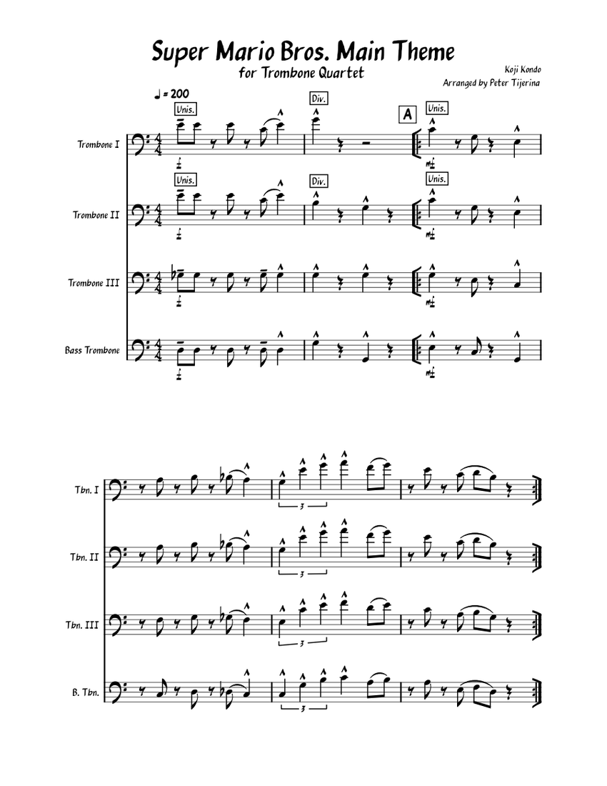 Super Mario Bros. (Main Theme) - Trombone Quartet Sheet music for ...
